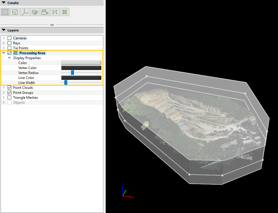 Menu View > rayCloud > Left sidebar > Layers > Processing Area - PIX4Dmapper